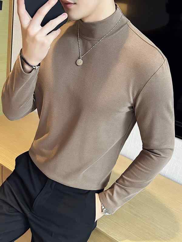 Tシャツ メンズ 秋冬 起毛 コットン 無地 スリムフィット ハイネック カットソー 綿 混紡 快適 普段使い 長袖 白 黒 コーヒー色・スタイル: 韓国版・素材: 綿・柄: 無地・タイプ: プルオーバー・ネックライン: タートルネック/ボ...