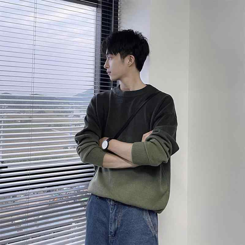 ニット メンズ ニットセーター 秋冬 クルーネック プルオーバー グラデーション 長袖 トップス 裏起毛 暖かい 防寒 スリム カジュアル 普段使い ブルー ダークグレー ポリエステル