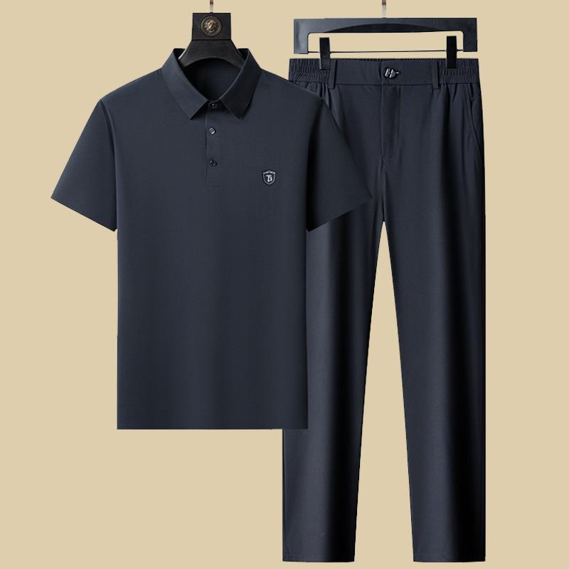 メンズ スポーツウェア セットアップ Tシャツ &amp; ロングパンツ 上下セット 男性用 接触冷感 ストレッチ 薄手 普段使い 部屋着 ポリエステル 藏青 黒 グレー