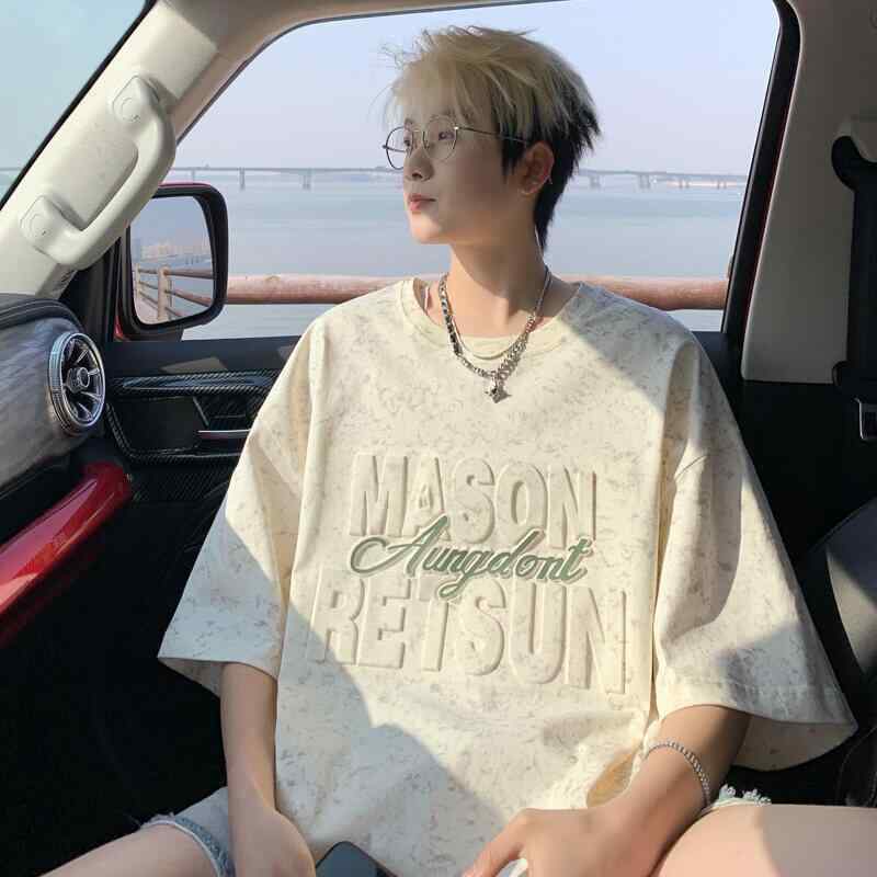 Tシャツ 男の子 ティーン 高校生 ゆったり トップス 夏服 半袖 コットン 白 黒 ベージュ 運動着 普段使い・スタイル: 流行・素材: 綿・柄: 文字・フィットタイプ: ルーズ・対象年齢: 18-24歳・ネックライン: クルーネック・袖...