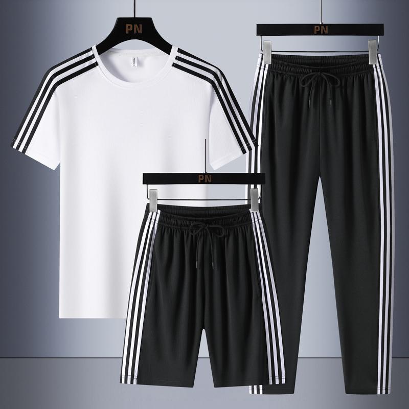 メンズ スポーツウェア 3点セット 半袖Tシャツ &amp; ハーフパンツ &amp; ロングパンツ 無地 スポーティ 普段使い アウトドア 運動着 ルームウェア ブラック ホワイト