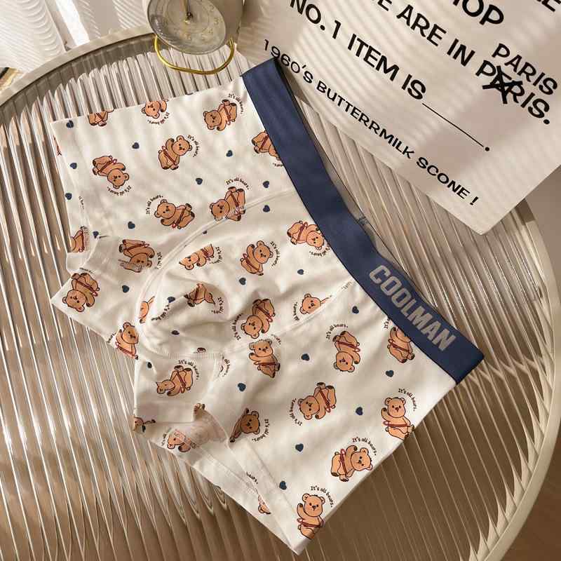 メンズ 下着 男性用 ボクサーパンツ 中腰 コットン 四角パンツ ゆったり 通気性 平角 インナーウェア かわいい クマ柄 ブルー グレー