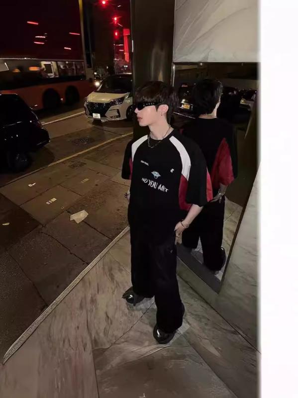 Tシャツ メンズ 半袖 トップス 配色 切り替え 美式 レトロ スタイル ラウンドネック プルオーバー ポリエステル混紡 ゆったり 5分袖 普段使い 薄手 ブラック ホワイト