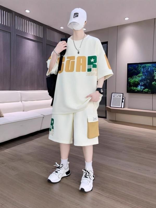 セットアップ メンズ 軽熟風 カジュアル 5分丈 ハーフパンツ Tシャツ ポリエステル混紡 薄手 夏 米白 黄色 黒・スタイル: 軽熟カジュアル・厚さ: 薄手・パンツ丈: 五分丈/ハーフパンツ・トップス: Tシャツ・袖丈: 半袖・フード: ...