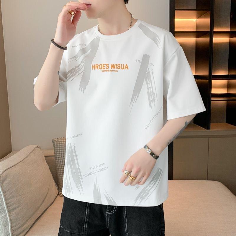 Tシャツ メンズ 男性用 半袖 夏 薄手 接触冷感 プリント トップス カットソー 丸首 プルオーバー 再生繊維 吸湿速乾 幾何学模様 白 黒 グレー