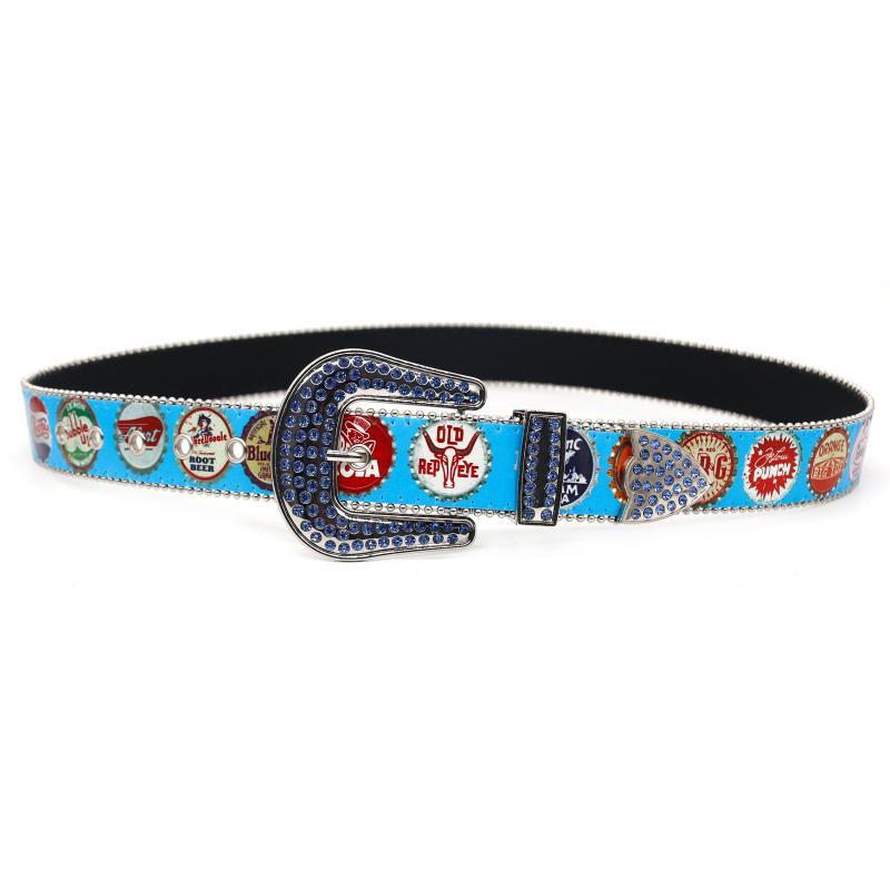 ベルト レディース メンズ レザー 水ドリル ヒップホップ パンク チェーン 非対称 アシンメトリー 瓶 キャップ モチーフ 幅広 普段使い 105cm 115cm 125cm ブルー ゴールド グリーン レッド ピンク パープル ブラック