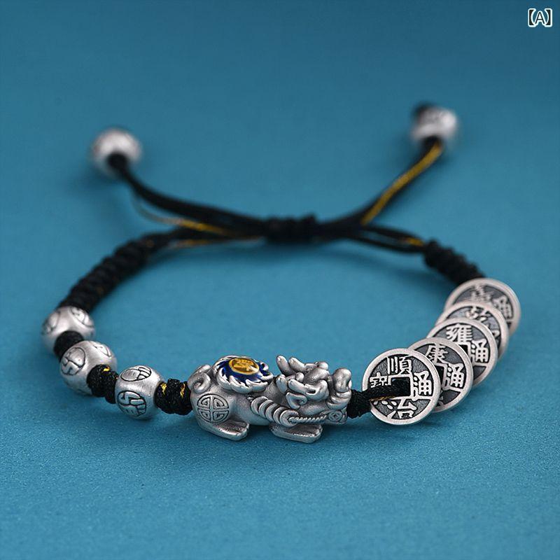 ブレスレット メンズ レディース カップル レトロ エスニック ハンドメイド 編み込み 銅貨 コイン お守り 貔貅 腕輪 ブラック レッド・処理工艺: 电镀 ・样式: 男女兼用 ・造型: 動物/干支 ・货号: J2955 ・颜色: ブラック...