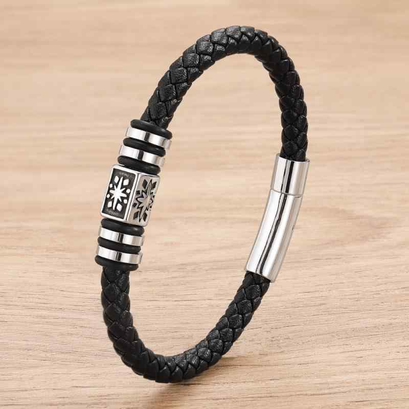 ブレスレット メンズ 男性用 ステンレス レザー 編み込み 手作り 幾何学模様 幾何柄 19cm 21cm 23cm ブラック 黒 ジュエリー アクセサリー