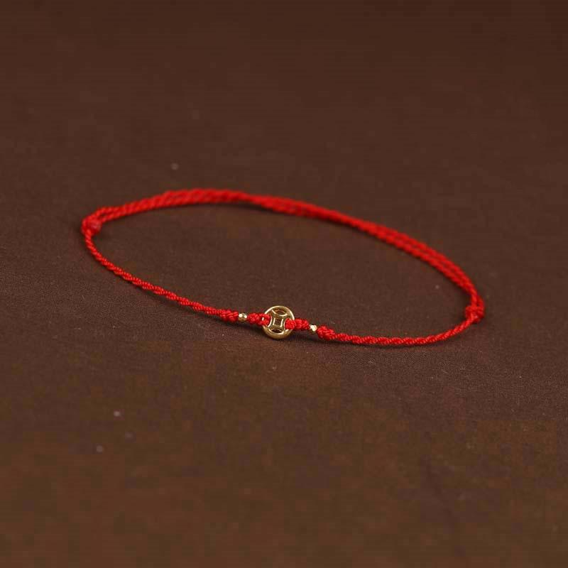 ブレスレット 男女兼用 金貨付き 手編み 調整可能 お守り 腕輪 足首飾り シンプル アクセサリー