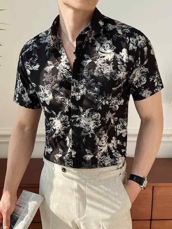 シャツ メンズ 男性用 ポリエステル 花柄 プリント 半袖 スリムフィット カジュアル ビジネス トップス 黒 白