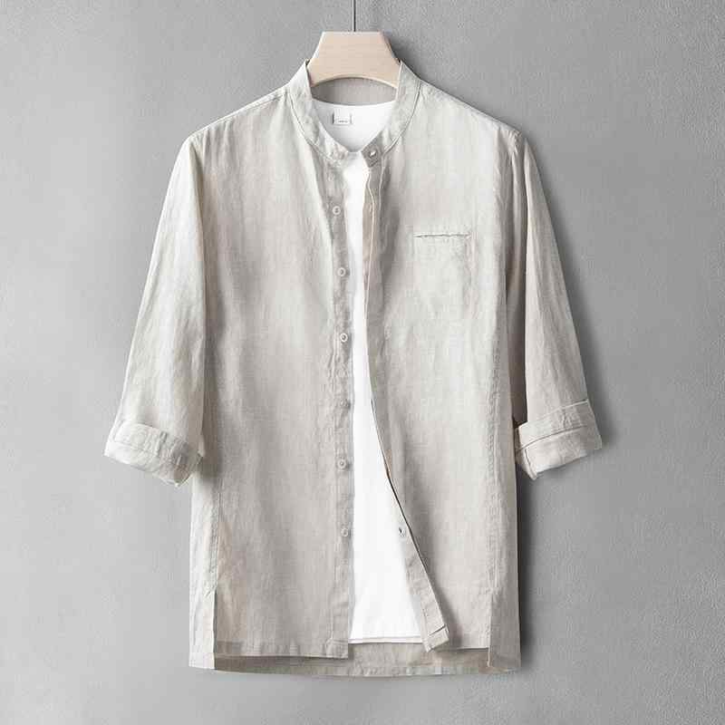 シャツ メンズ 男性用 麻 リネン スタンドカラー 7分袖 スリム 中国風 チャイナ 透湿 上着 トップス 薄手 S M L XL 2XL 3XL 4XL ホワイト ライトグレー ベージュ