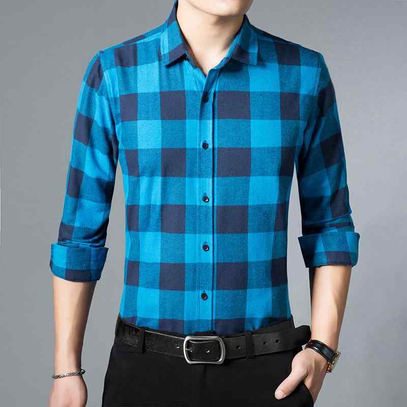 シャツ メンズ 長袖 格子柄 コットン混紡 カジュアル トップス 春秋 スリム 襟付き 前開き ブルー系 レッド系 普段使い