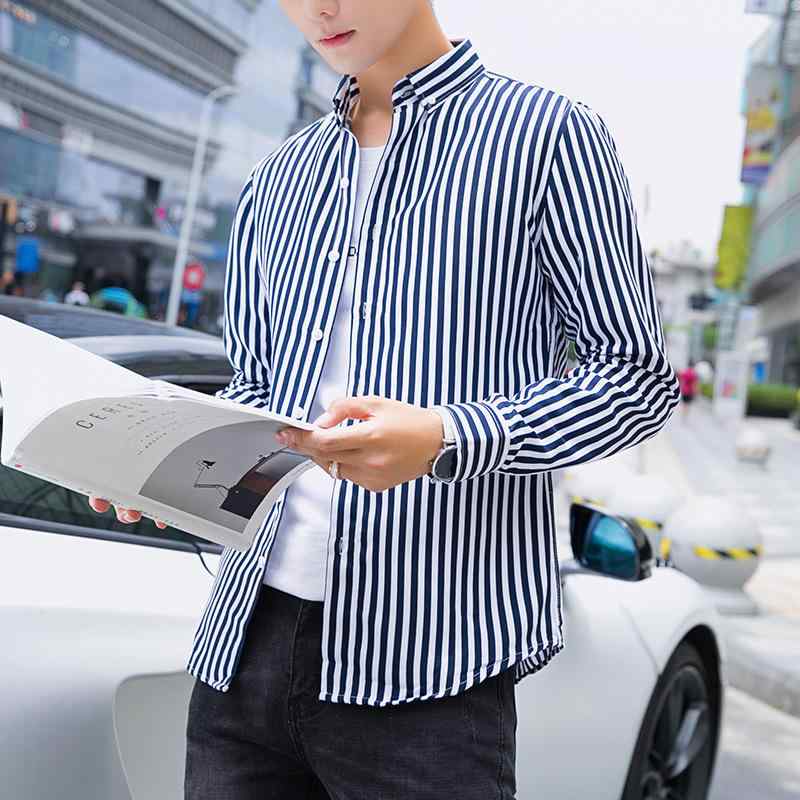 シャツ メンズ 男性用 長袖 トップス ストライプ柄 普段使い 合体型 伸縮性 ポリエステル オシャレ着 ブラック