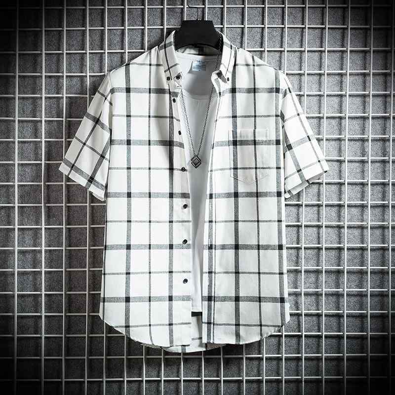 シャツ 男性用 半袖 格子柄 コットン トップス カジュアル 通勤 普段使い ブルー系 レッド系 ブラック系 ホワイト系・素材: 綿・素材機能: 免燙・スタイル: 韓国版・款式: カーディガン・版型: 合身・襟型: 角襟・袖丈: 半袖・柄:...