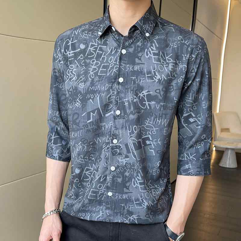 シャツ メンズ 男性用 7分袖 格子柄 スリム 竹繊維 トップス 韓国 免燙 普段使い 薄手 ポリエステル ブラック グレー コーヒー 墨グリーン 藏青