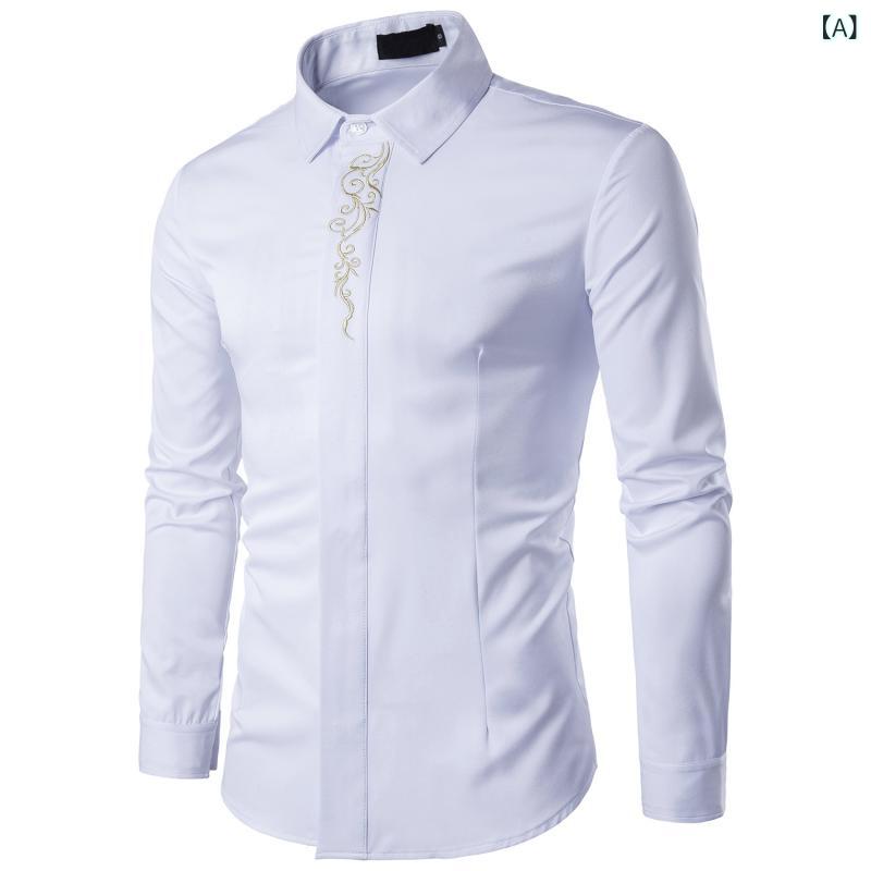 シャツ メンズ 男性用 トップス 長袖シャツ 刺繡 コットン混紡 普段使い 春秋 カジュアル スタイル