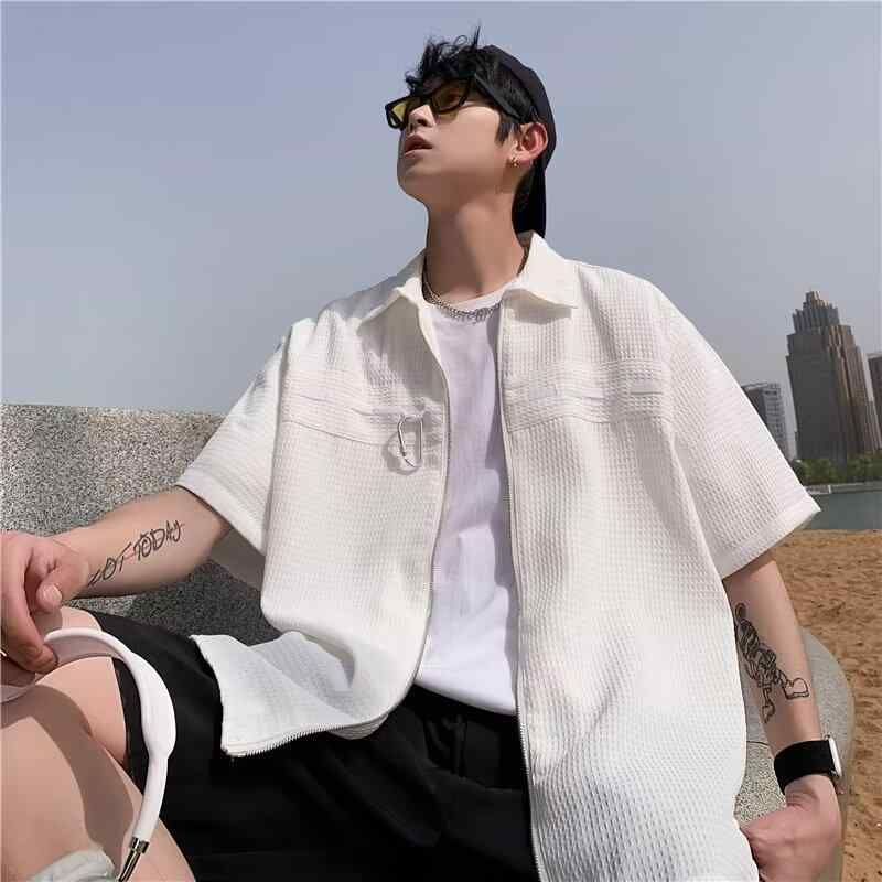 シャツ メンズ 男性用 半袖 シャツ トップス ポリエステル 無地 ゆったり リラックス おしゃれ カジュアル 普段使い ホワイト ブラック サマー