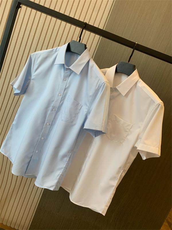 シャツ メンズ 男性用 ビジネス 通勤用 コットン混紡 半袖 トップス 無地 薄手 ホワイト 白 水色 ポケット飾り 春