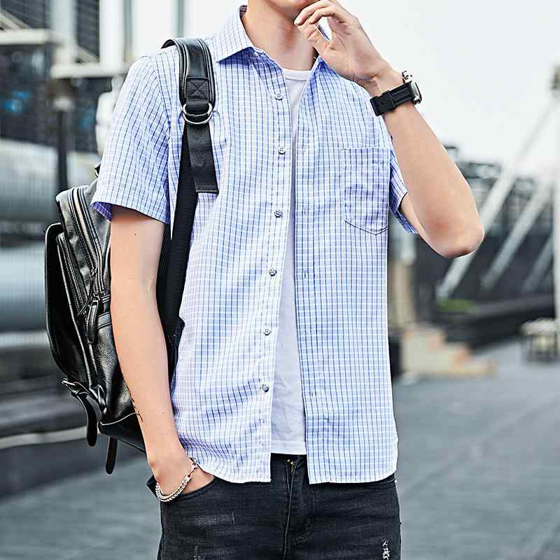 シャツ 男性用 スリムフィット 半袖 トップス 普段使い 薄手 形態安定 接触冷感 伸縮性 聚酯纤维 コットン 深藍色 浅藍色 藍色 粉格子 グリーン格子
