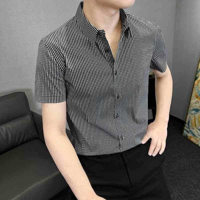 シャツ メンズ 半袖 リネン 格子柄 スリム ビジネス カジュアル トップス 形態安定 普段使い 部屋着 グレー ブラック