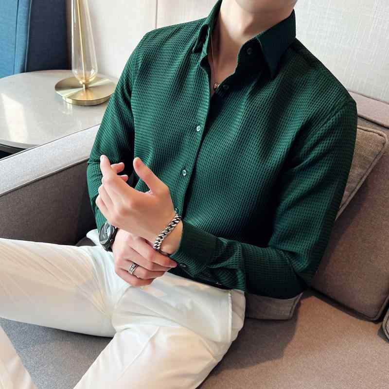 シャツ メンズ 長袖 ワッフル 織り スリム 接触冷感 ポリエステル ビジネス カジュアル 男性用 トップス 春秋 グリーン ホワイト ブラック・スタイル: 韩版・款式: 开衫・版型: 修身型・领型: 翻领・袖长: 長袖・图案: 纯色・厚薄...