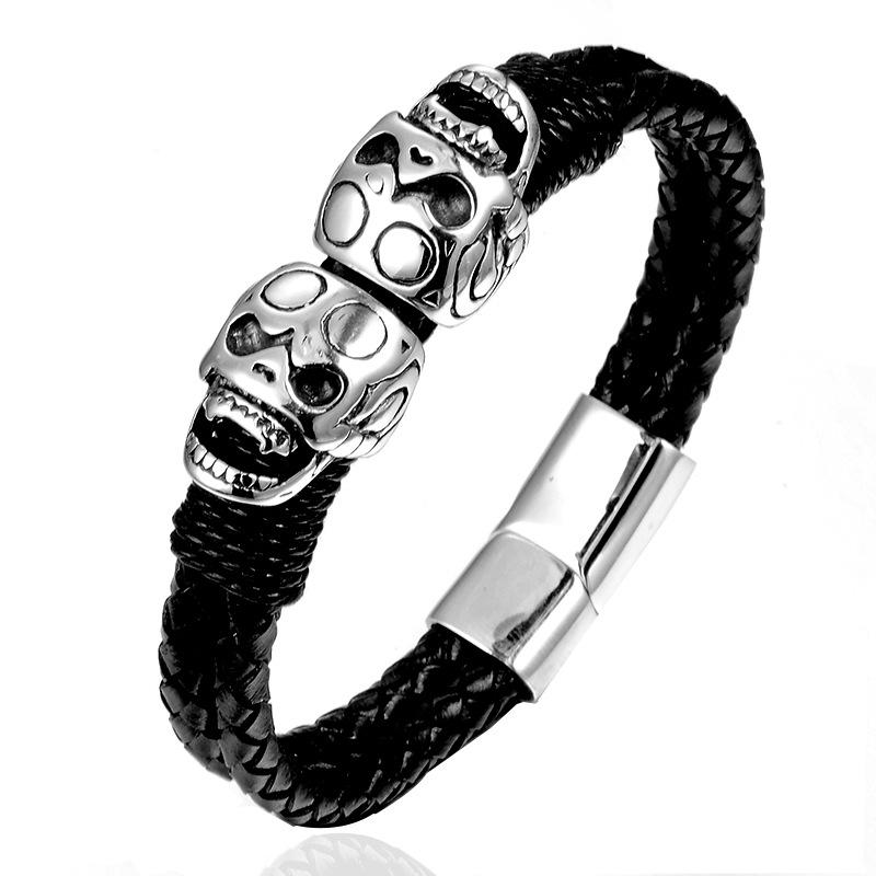 ブレスレット メンズ レザー 2連 スカル ドクロ 骸骨 ステンレス 編み込み 男性用 普段使い カジュアル ロック パンク