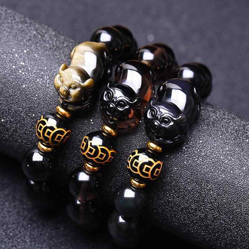 ブレスレット レディース メンズ 黒曜石 干支 猪 うさぎ ペア Electroplated 10mm