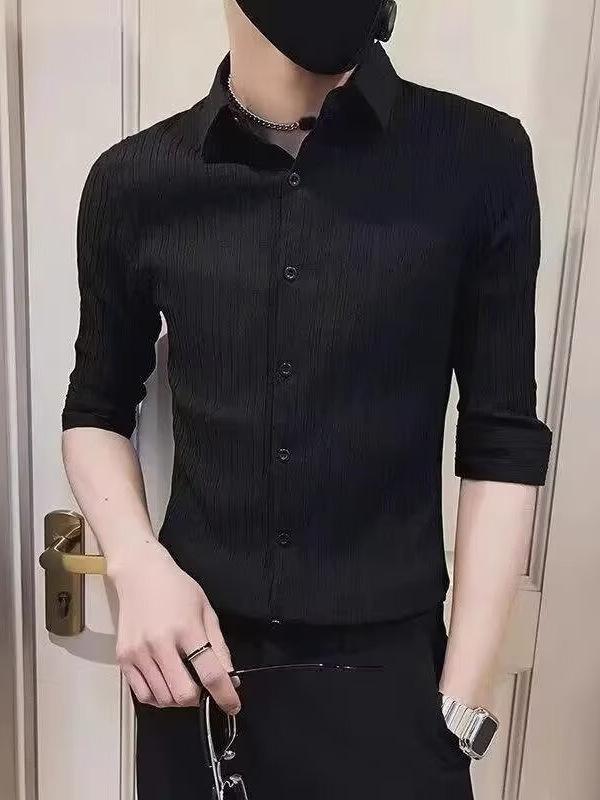 シャツ メンズ ストライプ柄 ポリエステル混紡 開襟シャツ 7分袖 男性用 トップス 春夏 普段使い 通勤用 韓国 プリーツ加工 ゆったりシルエット ホワイト ブラック