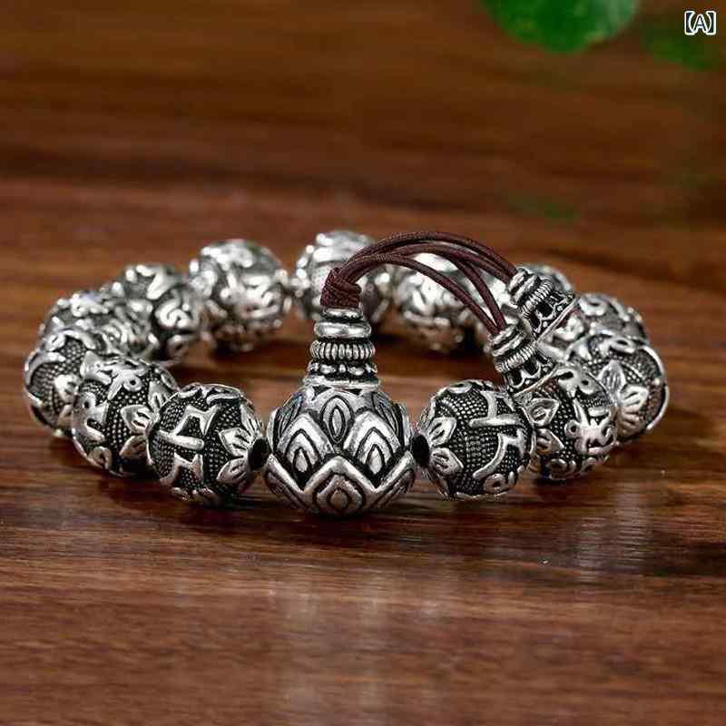 ブレスレット メンズ 男性用 アクセサリー レトロ ヴィンテージ 六字真言 シルバー 925 スターリングシルバー ラッキーアイテム お守り 厄除け 誕生日 ギフト プレゼント・処理工芸: 烤漆・スタイル: 男式・造型: 字母/数字/文字・...