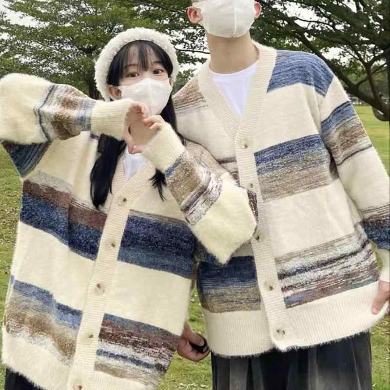 ニット カーディガン メンズ Vネック 配色 コットンブレンド 港風 リラックス カジュアル トップス 羽織り 秋