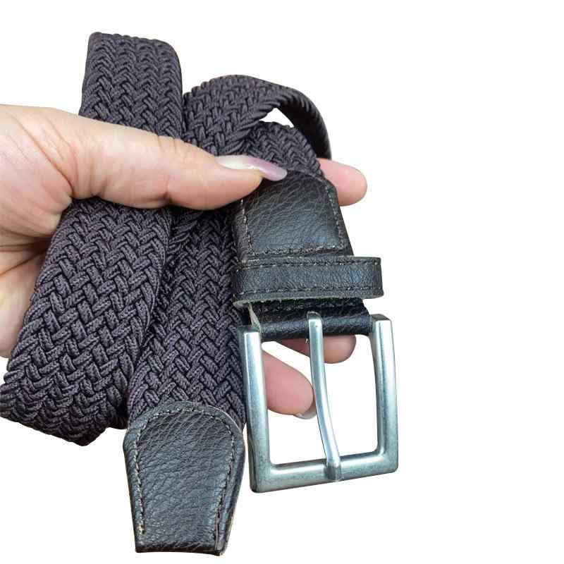 ベルト メンズ 男性用 伸縮性 ストレッチ 編み込み レザーベルト キャンバス地 カジュアル 普段使い コーヒー色