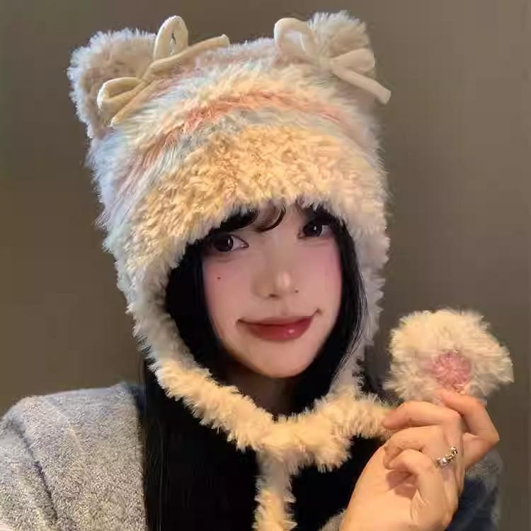 2個セットニット帽 レディース 秋冬 猫耳 ボンボン付き ストライプ かわいい 小顔効果 防寒 あったか ベージュ ブラック