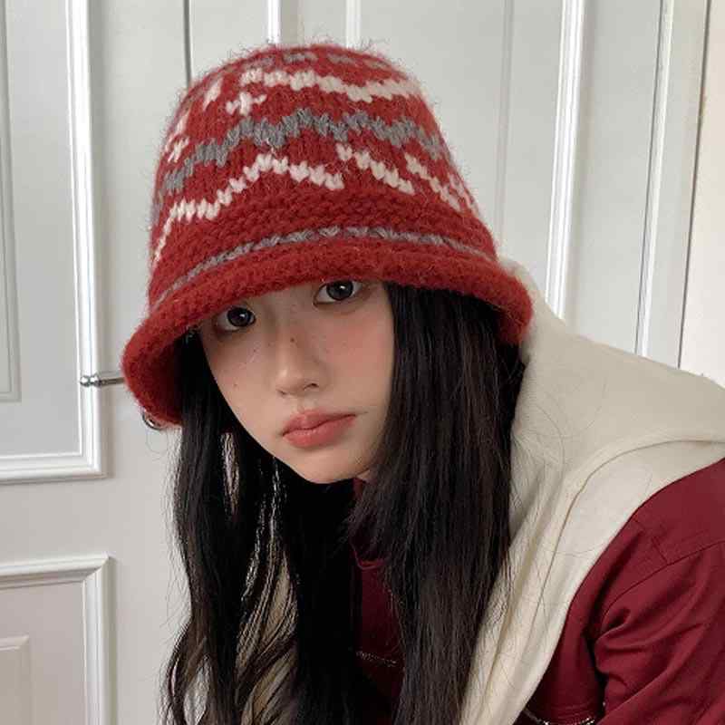 ニット帽 レディース 秋冬 バケットハット 漁師帽 フェアアイル柄 ジャカード編み 大 голову囲 防寒 あったか おしゃれ かわいい ミルクティー ワインレッド グレー ブラック カーキ・製品カテゴリ: 毛绒帽・帽子の種類: 丸い・つ...
