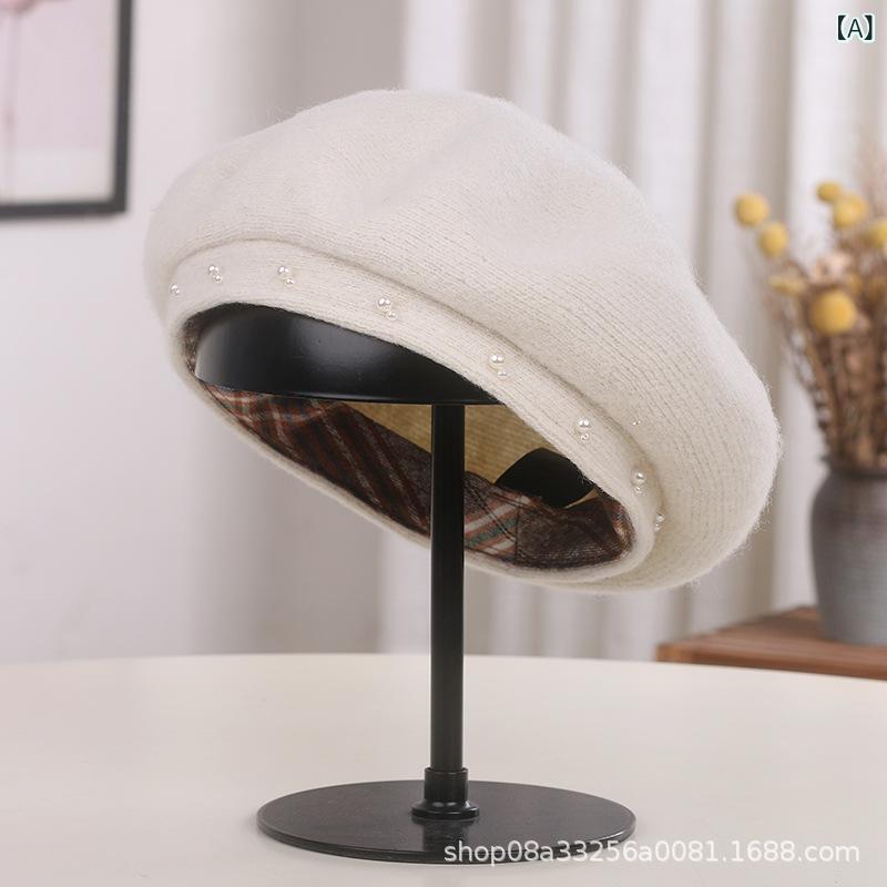 帽子 レディース 秋冬 ニット帽 ウール ベレー帽 手編み パール 八角帽 画家帽 かわいい おしゃれ 保温 暖かい 白 黒 モカ