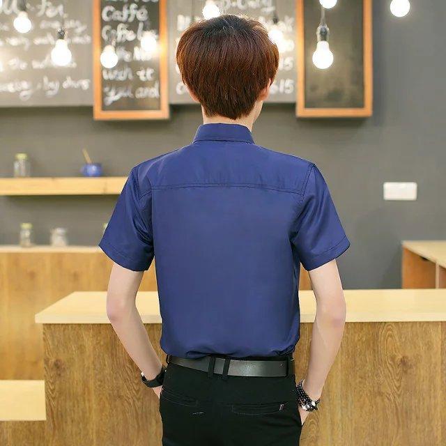 シャツ メンズ 男性用 半袖 スリム 薄手 接触冷感 ビジネス カジュアル トップス 五分袖 無地 普段使い ダークブルー