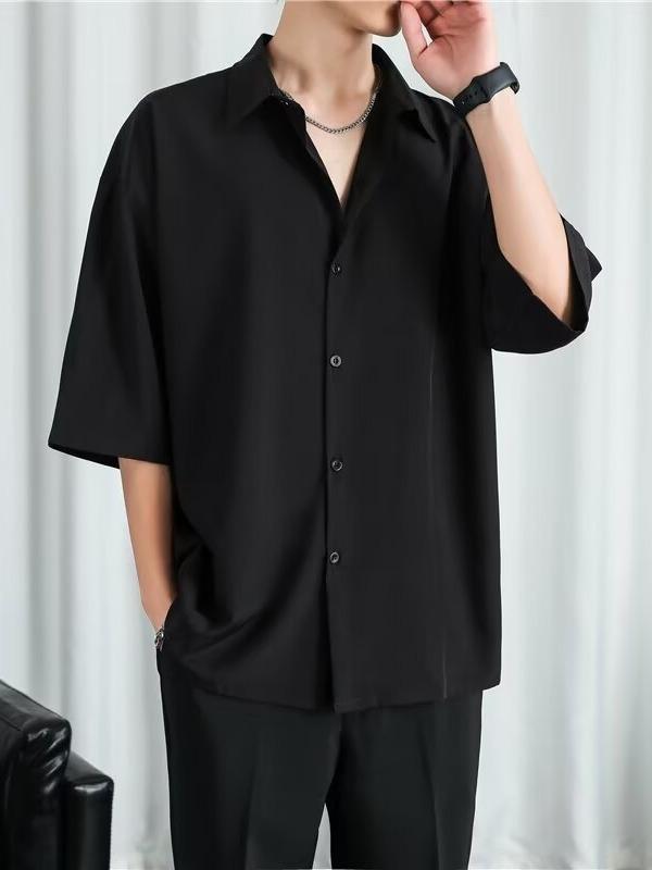 シャツ メンズ 男性用 半袖 ポリエステル 接触冷感 無地 スリム 韓国 トップス 春夏 ブラック ホワイト グレー・素材: 聚酯纤维・スタイル: 韓国版・版型: 修身型・ネックライン: 襟付き・袖丈: 半袖・柄: 無地・・対象年齢: 成人...