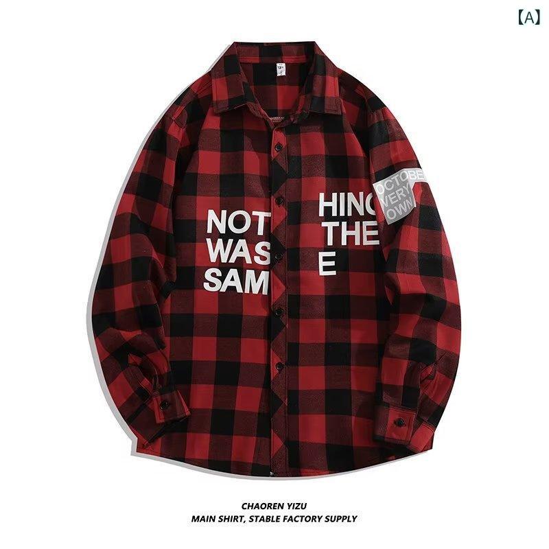 シャツ メンズ 長袖 格子柄 ポリエステル トップス 春秋 薄手 カジュアル 赤 黒 M L XL XXL XXXL・素材: 化繊類混紡・材質機能: 通気・スタイル: 韓国版・款式: カーディガン・版型: ゆったり・領型: 方領・袖丈: 長...