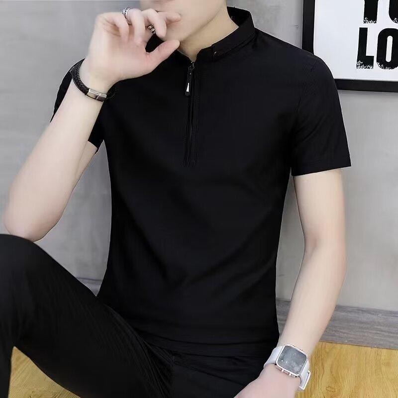 Tシャツ メンズ 男性用 半袖 トップス 接触冷感 薄手 ポリエステル 無地 スキッパー ポロシャツ風 普段使い 部屋着 ブラック ネイビー グレー ブルー M L XL XXL 3XL 4XL 5XL