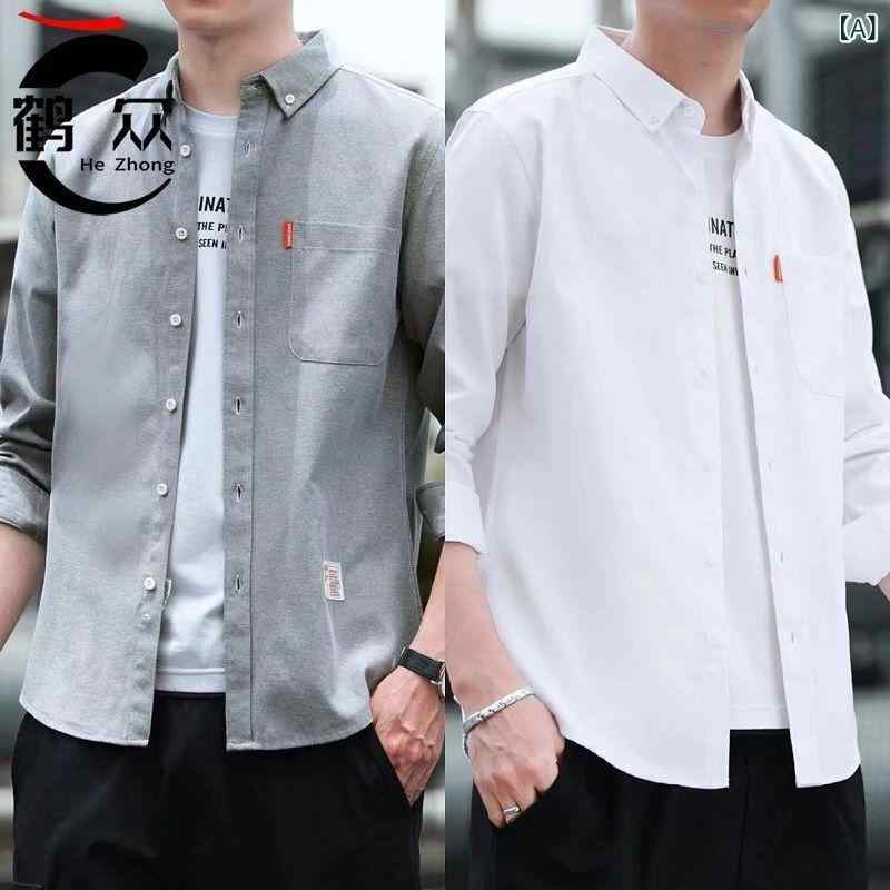 シャツ メンズ 長袖 韓国 スリム レトロ 無地 カジュアル ワークシャツ 配色 グレー ホワイト レッド ブルー グリーン ポリエステル