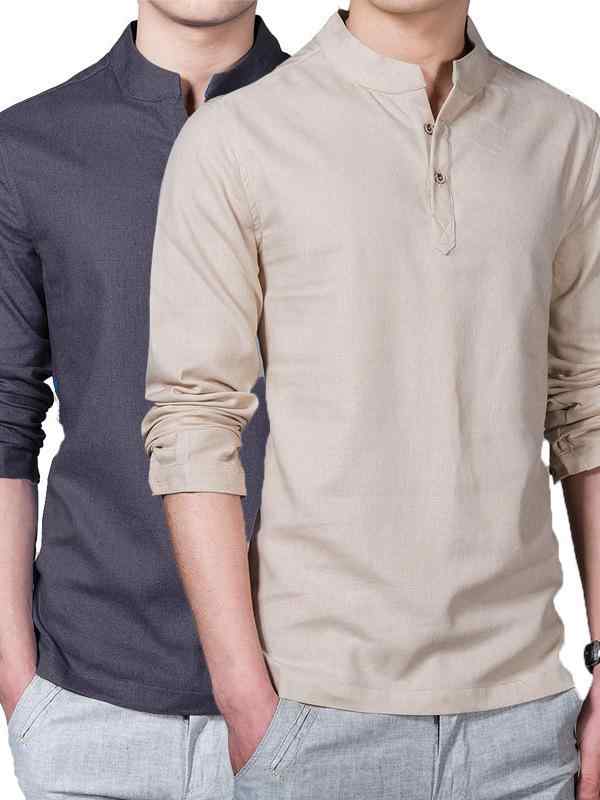 シャツ 男性用 長袖 コットン リネン混紡 スリムフィット 無地 スタンドカラー ポロシャツ風 M L XL 2XL 3XL 春夏 秋冬 普段使い 中国風