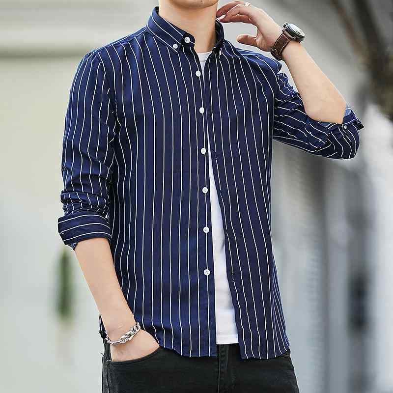 シャツ メンズ 男性用 ストライプ柄 コットン混紡 長袖 若者向け スリムタイプ 春秋 カジュアル トップス 白 黒 青 水色 赤 紺