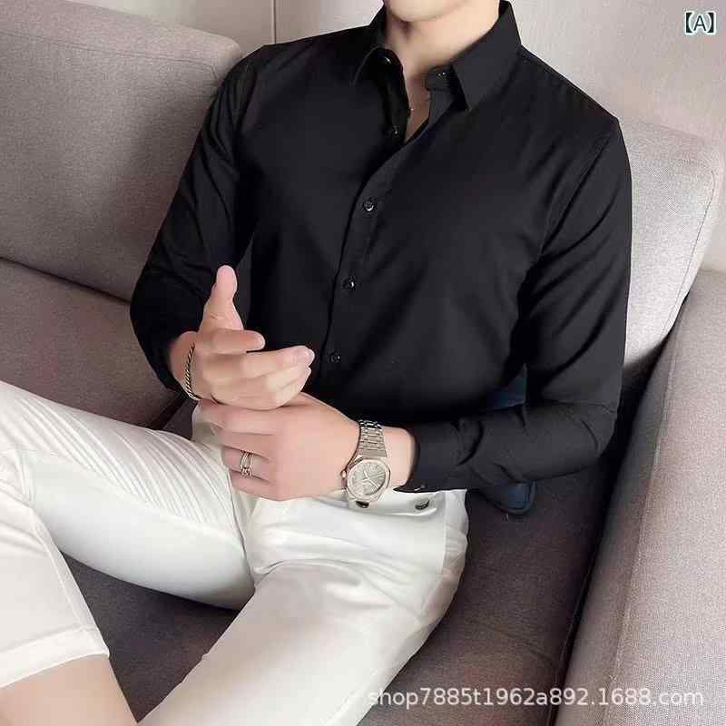 シャツ メンズ 男性用 長袖 スリムフィット 無地 黒 ビジネス カジュアル オフィス フォーマル ワークウェア ポリエステル ブラック ホワイト グリーン ネイビー ブルー ピンク系 S M L XL XXL XXXL・生地名: 化繊類混...