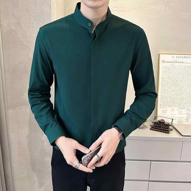 シャツ メンズ 長袖 韓国 ポリエステル トップス 無地 春秋 白 黒 緑 M L XL XXL 普段使い リラックス