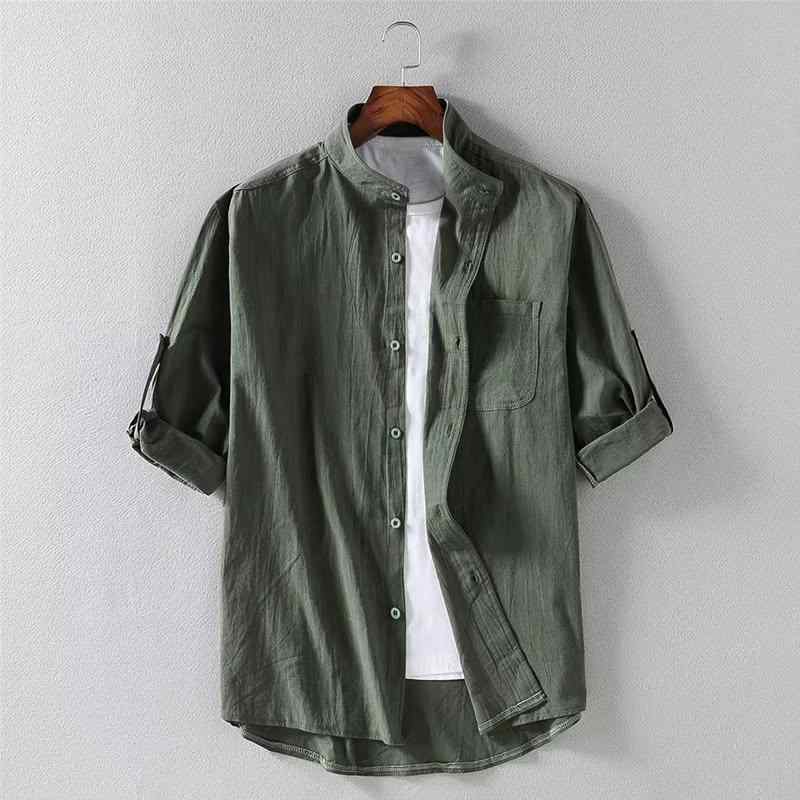 シャツ メンズ 男性用 トップス 綿混紡 開襟シャツ カジュアルシャツ 無地 7分袖 ルーズフィット 韓国 オシャレ 春夏 ブラック ホワイト グリーン