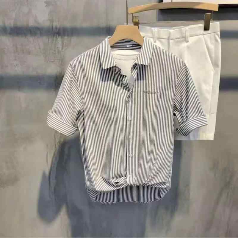 シャツ メンズ 半袖 ストライプ トップス 綿混紡 薄手 襟付き 前開き カジュアル 男性用 ブラック グリーン ピンク系・面料名称: 棉类混纺・材质功能: 可机洗・面料支数: 30支・スタイル: 軽熟休闲・款式: カーディガン・版型: 宽...