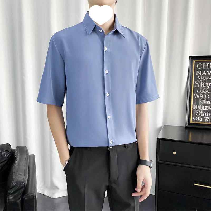 シャツ メンズ 男性用 トップス 半袖 ブルー ストレッチ 接触冷感 薄手 修身 無地 五分袖 形態安定 ビジネス カジュアル・スタイル: 潮・款式: 开衫・版型: 修身型・领型: 翻领・袖丈: 短袖・图案: 纯色・厚薄: 薄款・适合人群:...