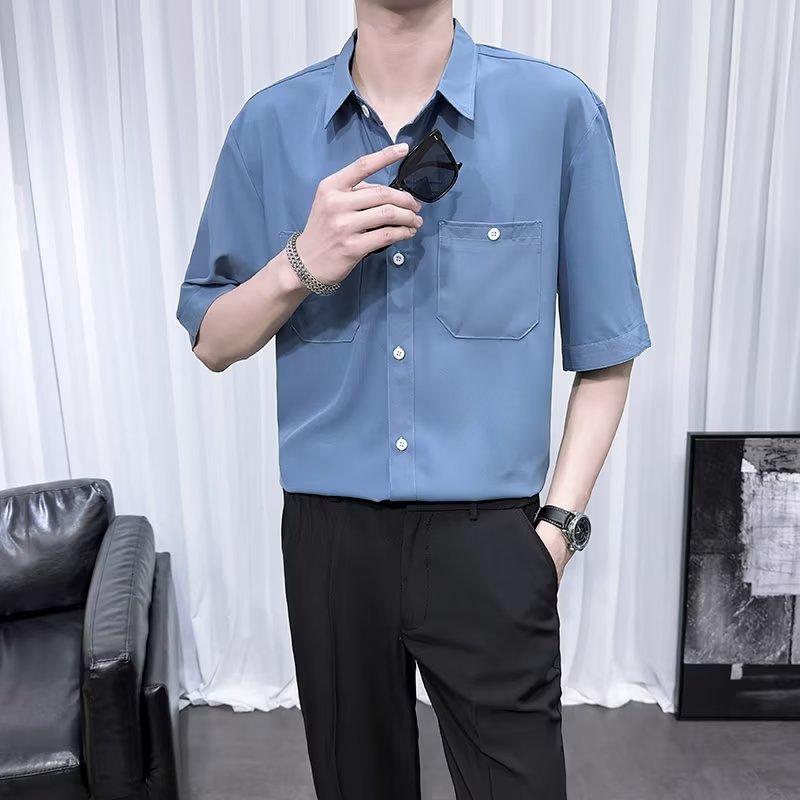 シャツ 男性用 半袖 亜麻 リネン トップス 襟付き 無地 薄手 スリム ビジネス カジュアル サマー ブラック ホワイト ライトブルー