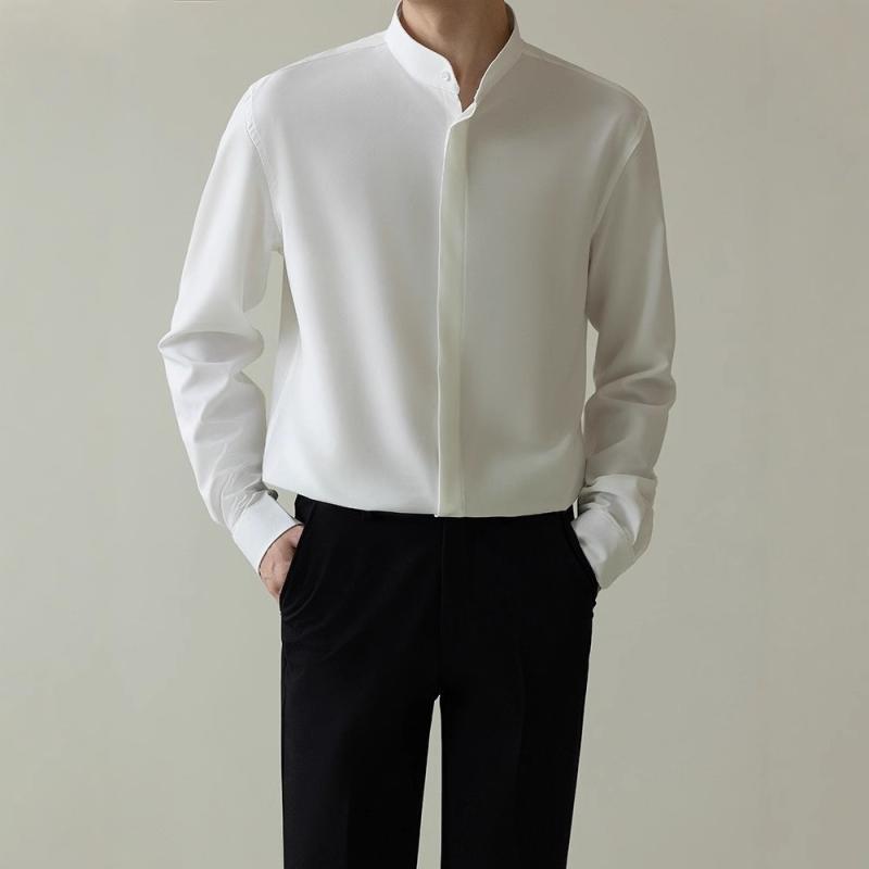 シャツ メンズ 春秋 長袖 軽熟風 デザイン 立ち襟 スリム ポリエステル ビジネス トップス 黒 白 緑・生地名: ポリエステル・素材機能: -・スタイル: 軽熟休闲・淘货类别: 青春流行（18-24歳）・デザイン: カーディガン・フィッ...