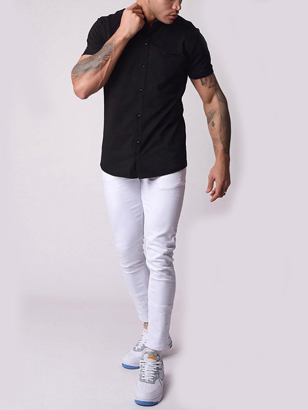 シャツ メンズ 男性用 コットン混紡 半袖 無地 ボタンダウン 合体型 黒 ブラック S M L XL XXL・生地名: 綿混紡・素材機能: 洗濯機洗い可・スタイル: 軽熟.カジュアル・版型: 合体型・襟型: ボタンダウン・袖丈: 半袖・柄...