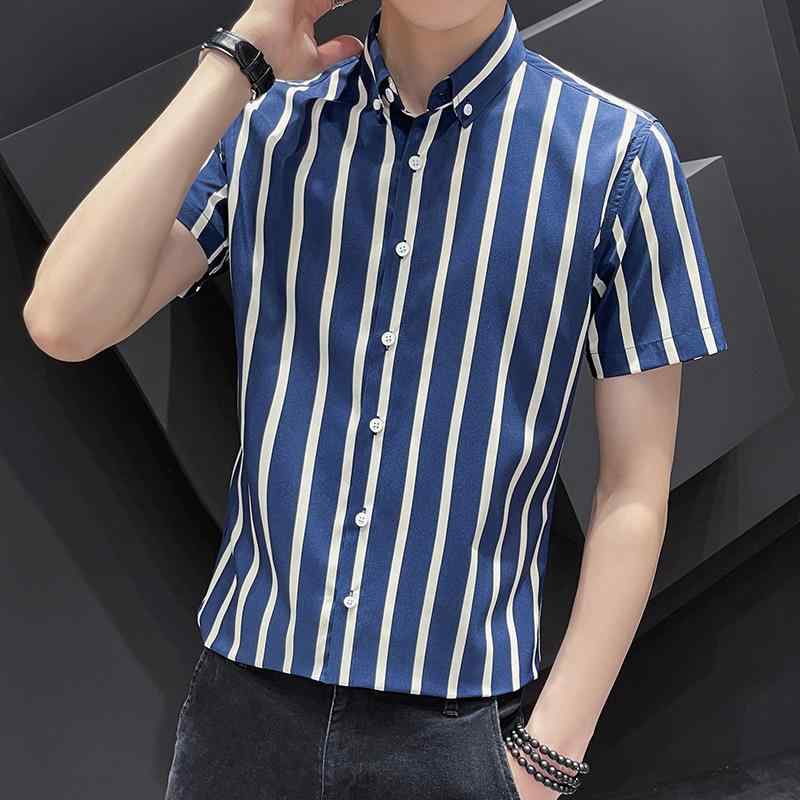 シャツ メンズ 男性用 ストライプ トップス 半袖 スリム 薄手 綿 白 黒 赤 青 M L XL 2XL 3XL 4XL 5XL 夏